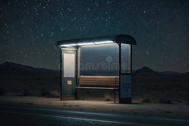 Bus Stop with Overhead Light, Surrounded by Darkness, and a View of the ...