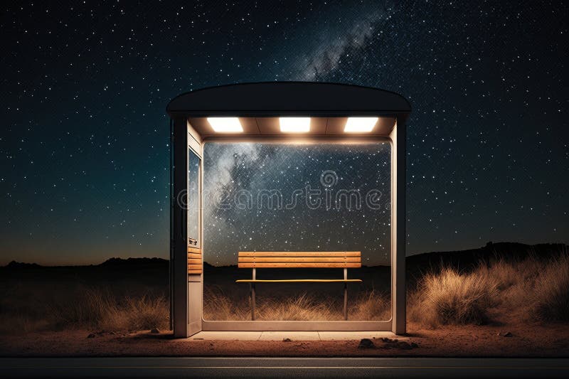 Bus Stop with Overhead Light, Surrounded by Darkness, and a View of the ...