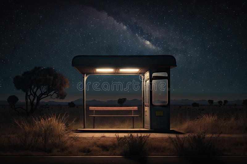 Bus Stop with Overhead Light, Surrounded by Darkness, and a View of the ...