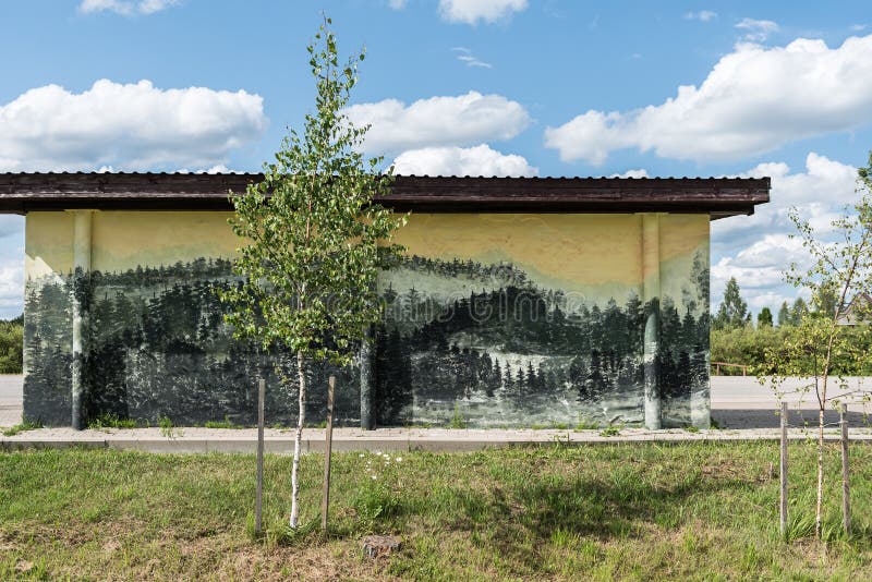 Bus Stop with Painted Fir Trees Stock Photo - Image of travel, painted ...