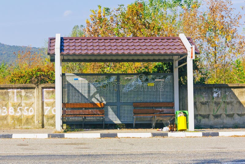 Bus Stop without People with Scattered Garbage Stock Photo - Image of ...