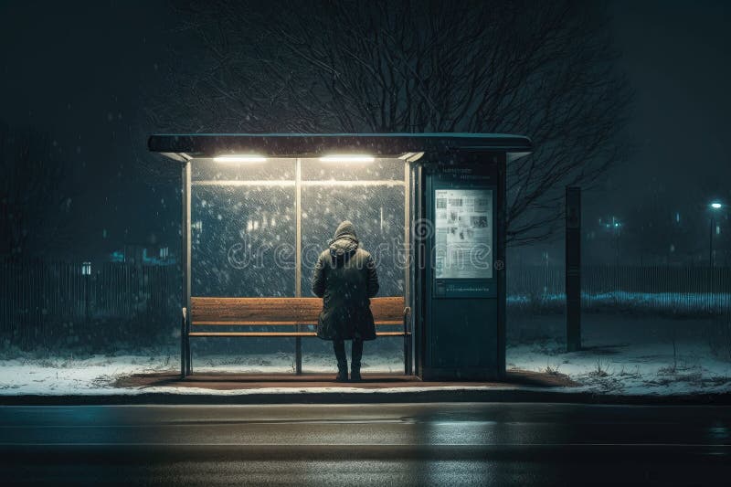 A Bus Stop, with a Person Waiting for Their Ride in the Dark of Night ...