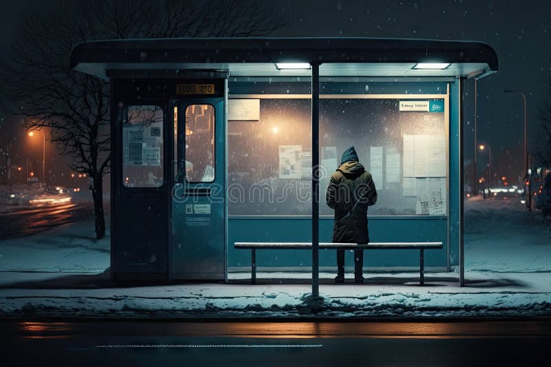 A Bus Stop, with a Person Waiting for Their Ride in the Dark of Night ...