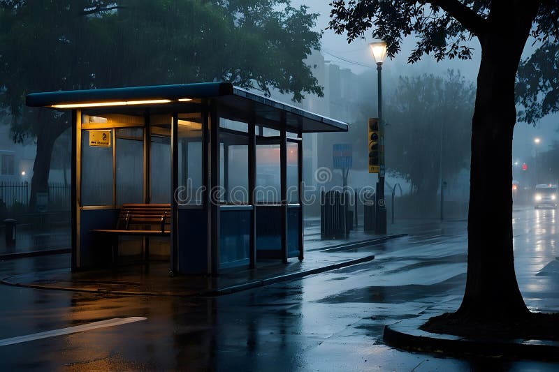 An Empty Bus Stop in a Rainy Day Stock Illustration - Illustration of ...