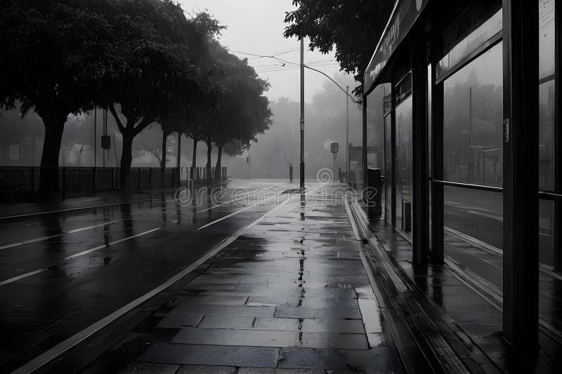 An Empty Bus Stop in a Rainy Day Stock Illustration - Illustration of ...