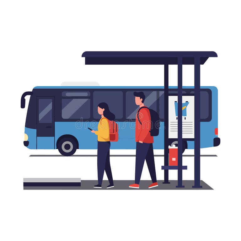 Bus Stop Scene with Two People Walking in Minimal Style Vector Art ...