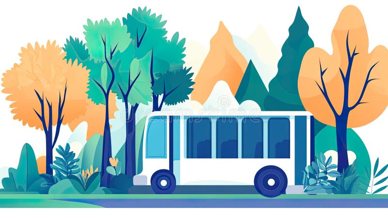 Bus Stop in Scenic Landscape Illustration with Trees Mountains and Blue ...