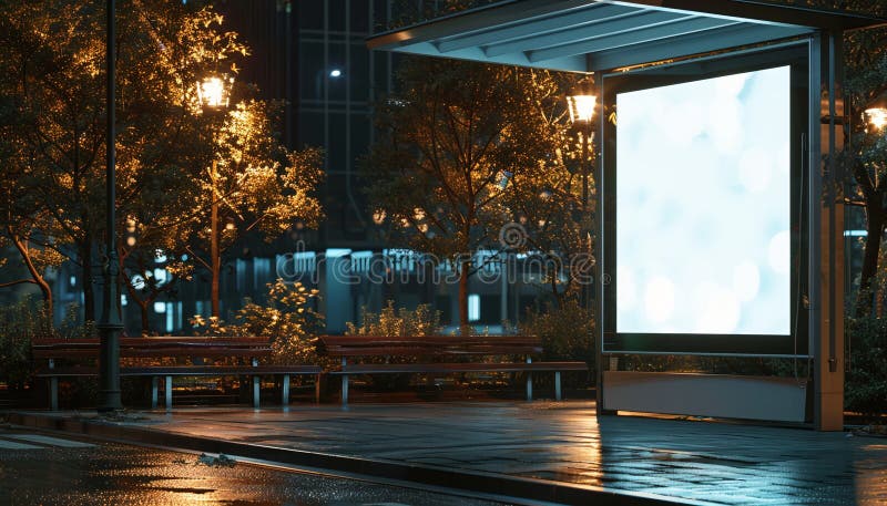 A Bus Stop Shelter with a Blank Billboard Under Nighttime Lighting ...