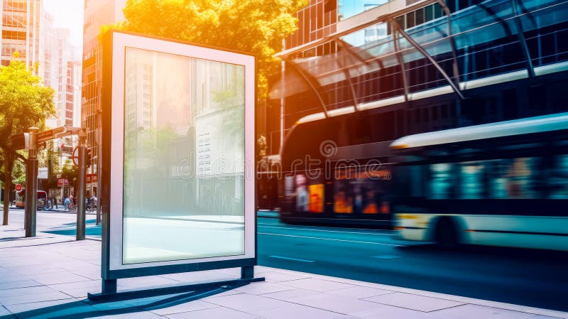 Bus Stop Sitting on the Side of Road Next To Tall Buildings. Generative ...