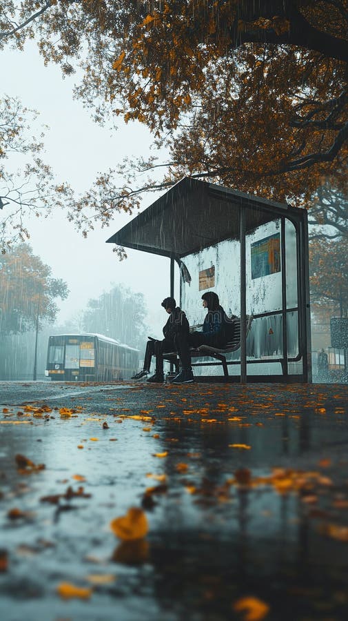 Bus Stop with Students Waiting in the Rain Looking Concerned about ...