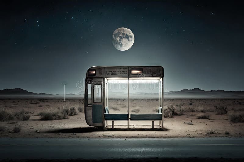 A Bus Stop Surrounded by a Desolate and Dark Urban Landscape, with only ...