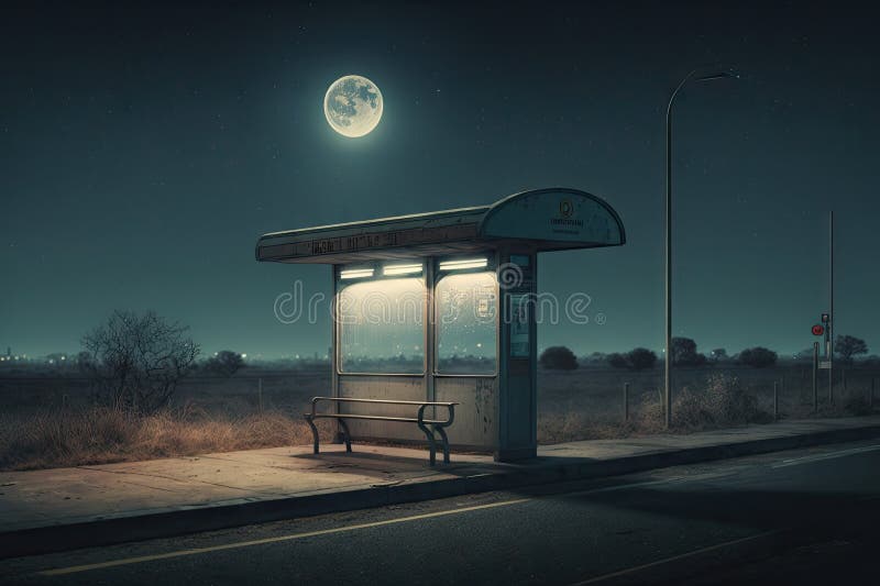 A Bus Stop Surrounded by a Desolate and Dark Urban Landscape, with only ...