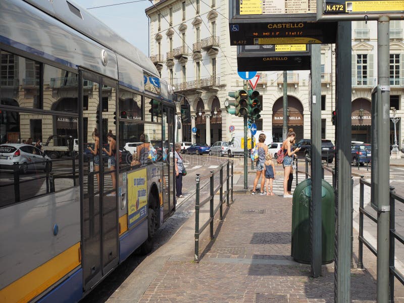 Bus stop in Turin editorial photography. Image of castello - 98453252