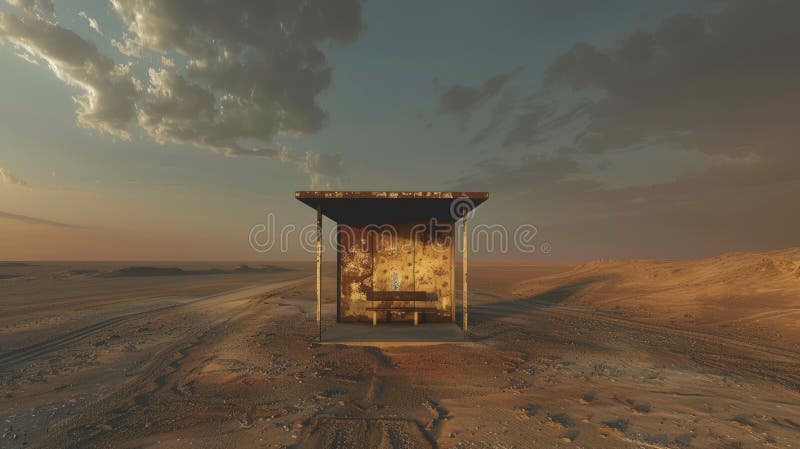 Bus Stop in Vast Desert Landscape at Sunset Stock Illustration ...