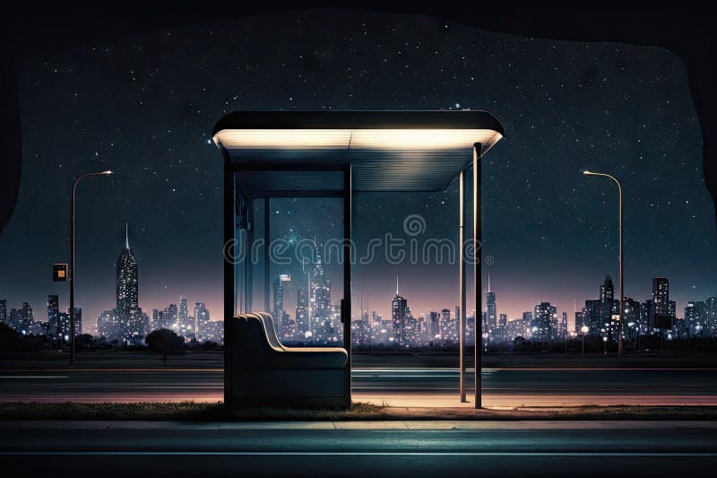 A Bus Stop with a View of the City Skyline, with Bright Lights Shining ...