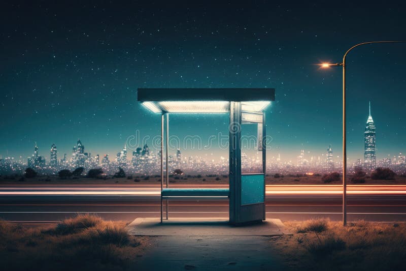 A Bus Stop with a View of the City Skyline, with Bright Lights Shining ...