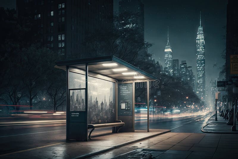Bus Stop, with View of the City Skyline and Bustling Metropolis, at ...