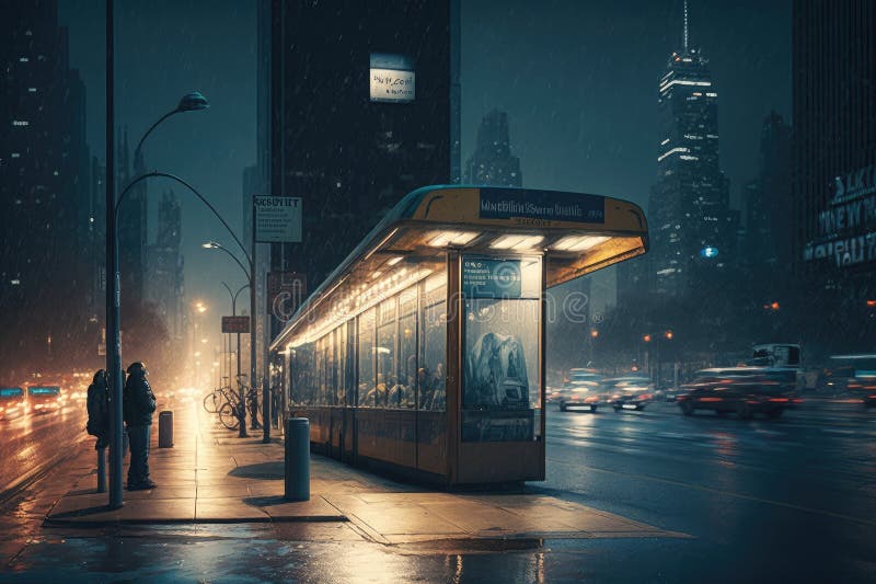 Bus Stop, with View of the City Skyline and Bustling Metropolis, at ...