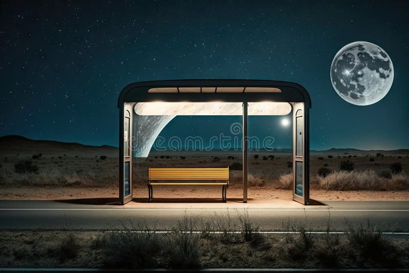 Bus Stop, with View of the Moon and Stars, at Night Stock Illustration ...