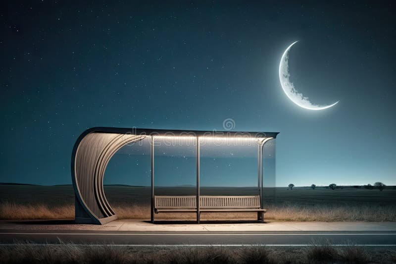 Bus Stop, with View of the Moon and Stars, at Night Stock Illustration ...
