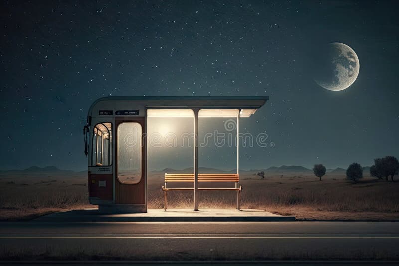 Bus Stop, with View of the Moon and Stars, at Night Stock Illustration ...