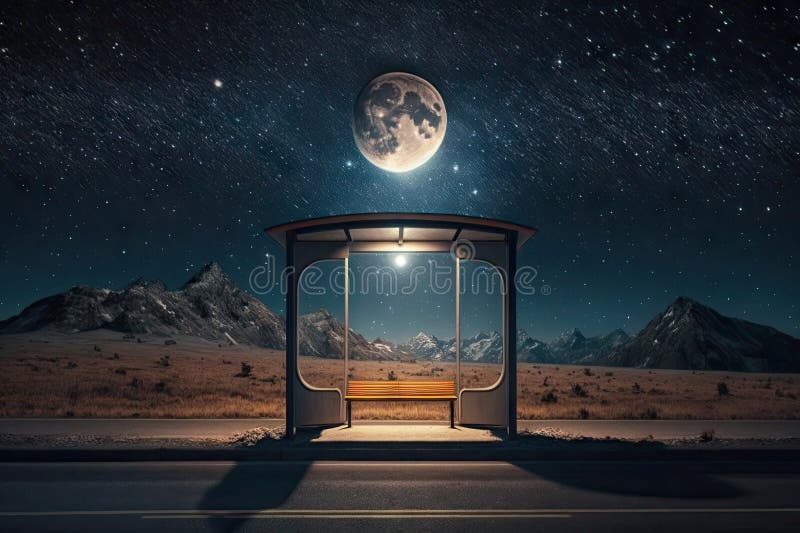 Bus Stop, with View of the Moon and Stars, at Night Stock Illustration ...