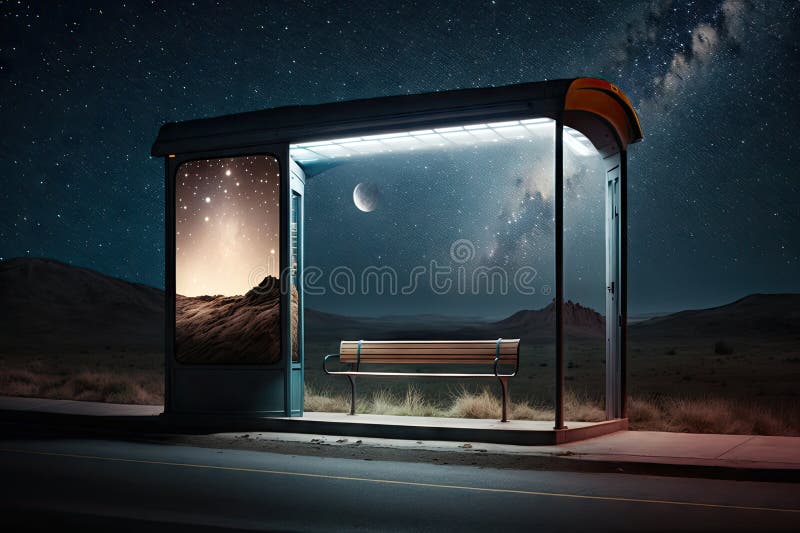 A Bus Stop with a View of the Night Sky, with Stars Shining and Moon ...