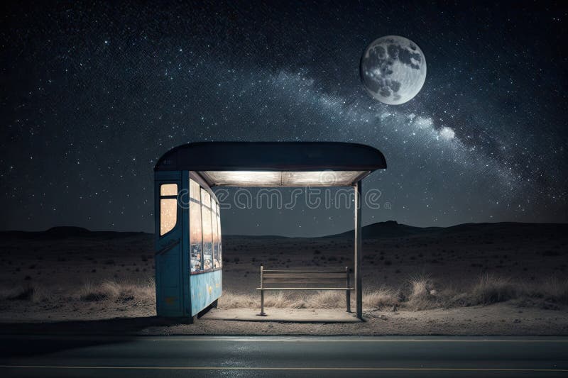 A Bus Stop, with a View of the Stars and Moon, at Night Stock ...
