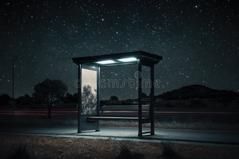 Bus Stop with View of Twinkling City Lights, Surrounded by Darkness ...