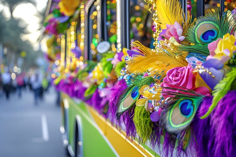 Bus To Colorful Mardi Gras Parade Float with Bright Feathers and ...