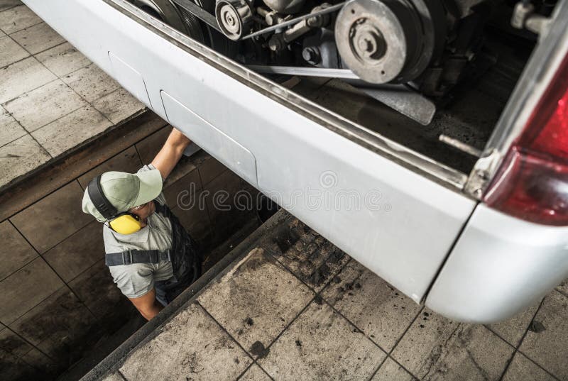 Bus Vehicle Inspection in Process Stock Photo - Image of power ...