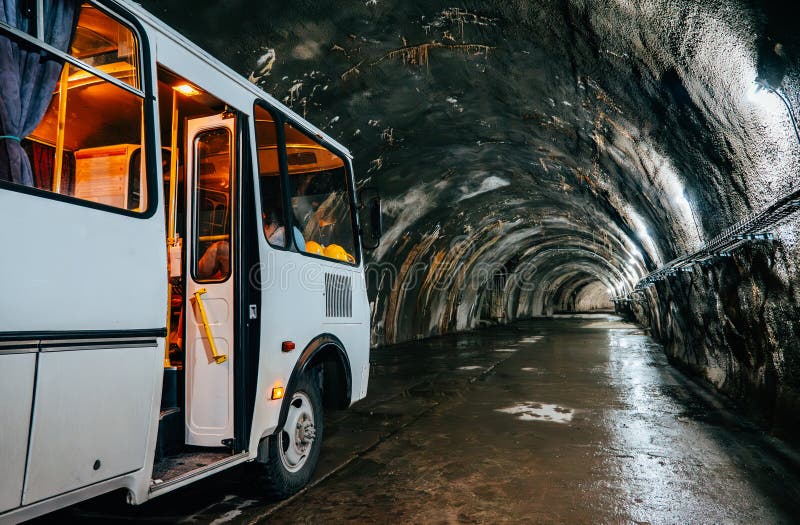Bus Waiting for Workers in Industrial Underground Wet Tunnel Stock ...