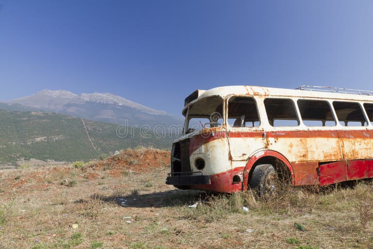 Bus Wreck in Arid Landscape Stock Photo - Image of mountains, rusted ...