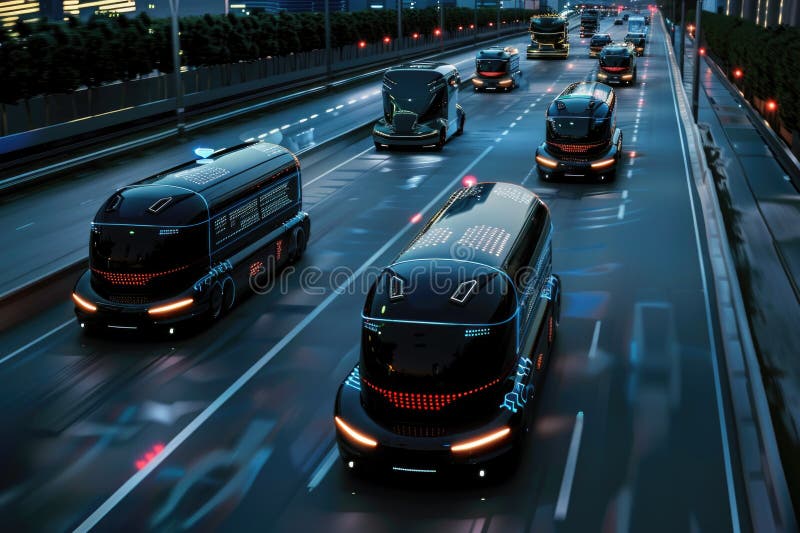 Buses Driving on a Dark Highway at Night, Suitable for Use in Traffic ...