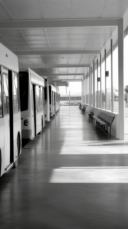 Buses Lined Up at a Busy Station with Empty Benches and Sunlight ...