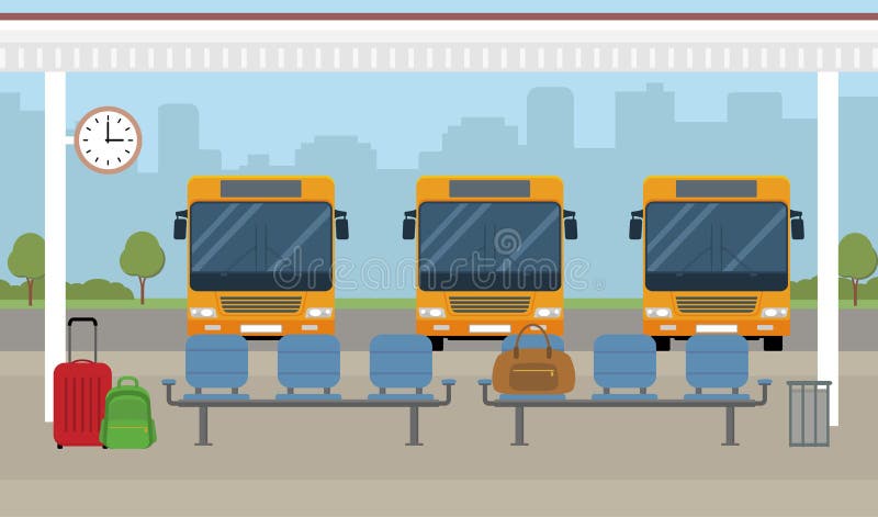 Buses and Waiting Area on City Background. Stock Vector - Illustration ...