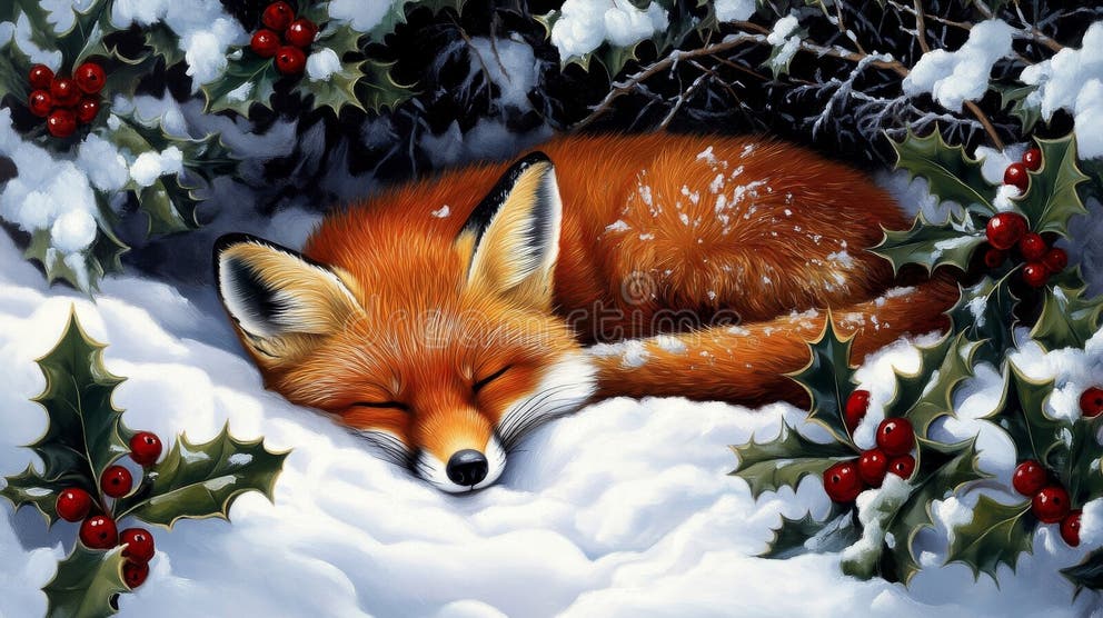 Beside a Bush Filled with Red Berries, a Fox Rests in the Snow Stock ...