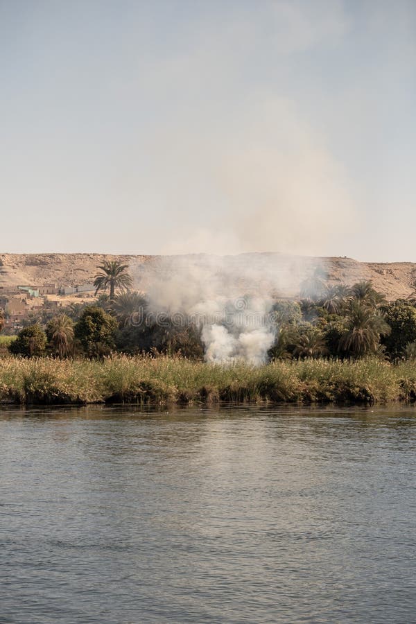 Bush Fire in Africa by the Nile Stock Photo - Image of lake, group ...