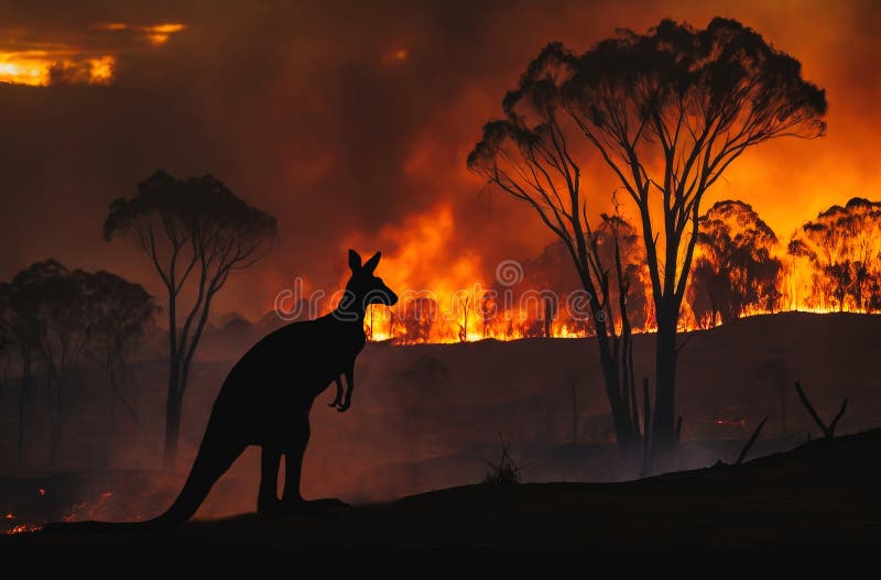 Bush Fire in Outback Australia with Kangaroo Stock Illustration ...
