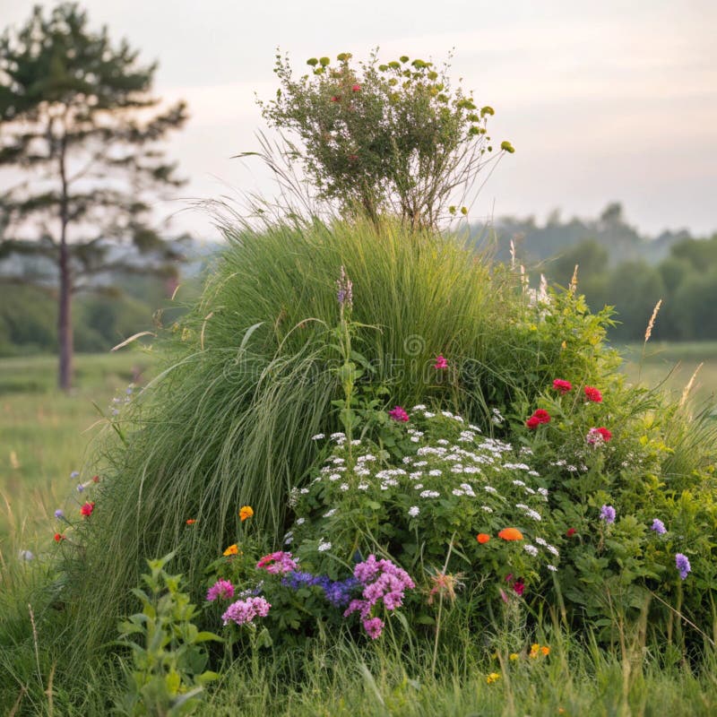 Bush Made with Grass and Wildflowers Stock Illustration - Illustration ...