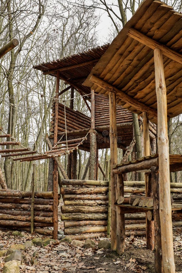 Bushcraft Camp in the Forest Stock Photo - Image of wood, building ...