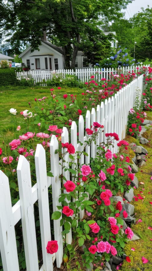 Bushes of Tender, Blooming Roses Lining a White Picket Fence. Stock ...