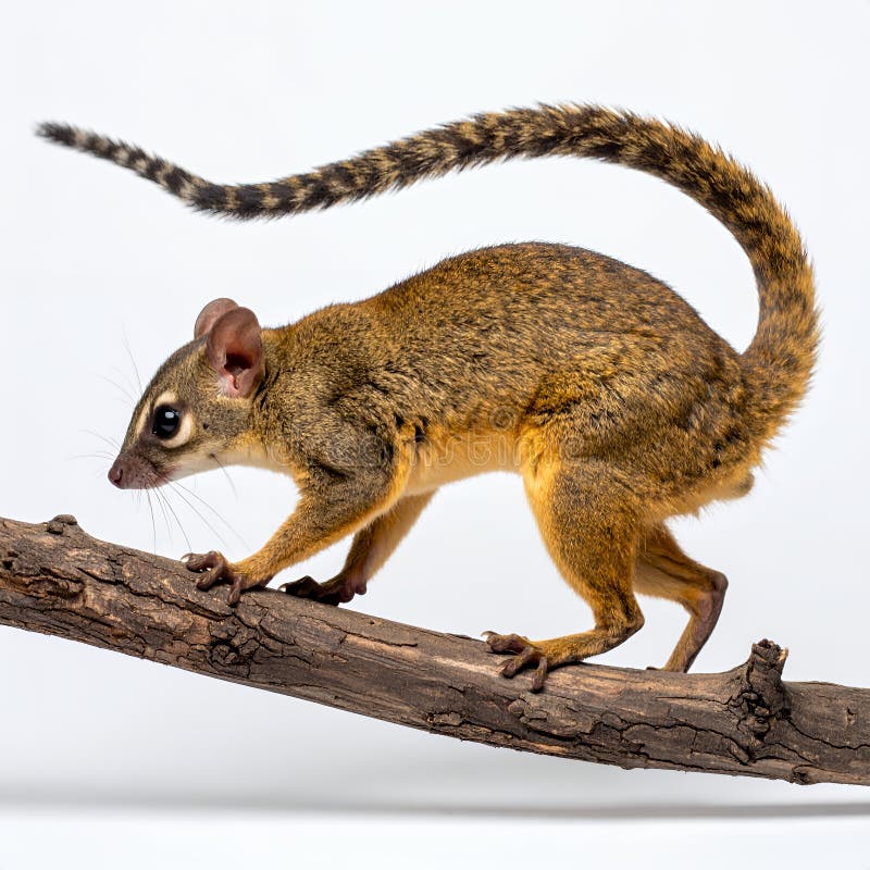 Bushy Tailed Olingo Expertly Balanced on a Branch in Studio Environment on White Background ...