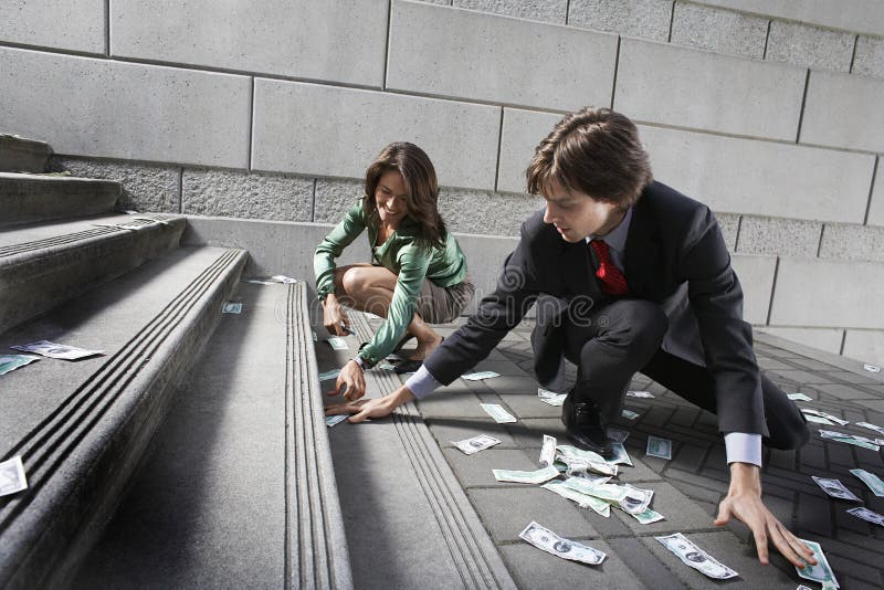 Busines Man and Woman Collecting Money on Steps Stock Image - Image of ...