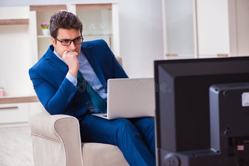 The Businesman Watching Tv in Office Stock Image - Image of living ...