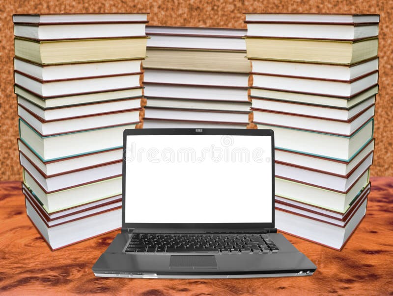 E-book Library Concept with Laptop Computer and Stack of Books Stock ...
