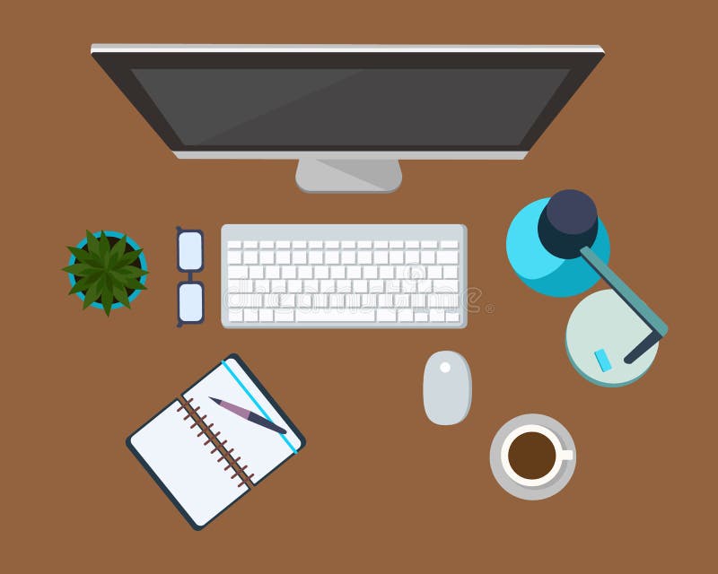 Workplace Organization. Computer, Glasses, Diary and Coffee Mug. Stock ...