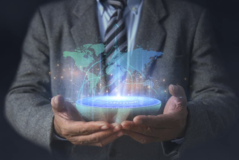 Business Administrator Holds a Virtual Digital Planet in His Hand ...