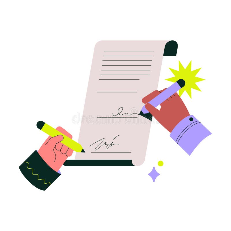 Signing Document, Hands Holding Pens in Flat Vector Illustration ...
