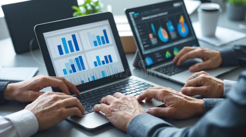 Business Analysis in Action: Hands Typing on Laptops with Data Charts ...